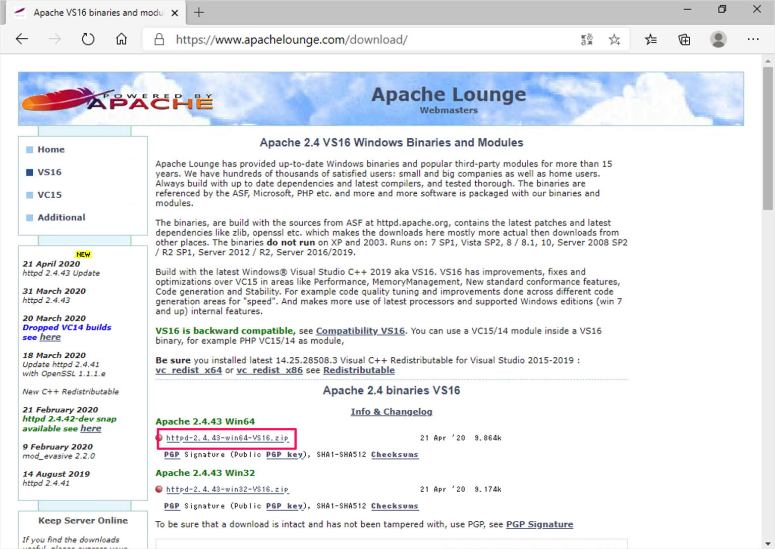 Apache 2.4 のダウンロードとインストール - Windows10 - PHP入門 - Webkaru